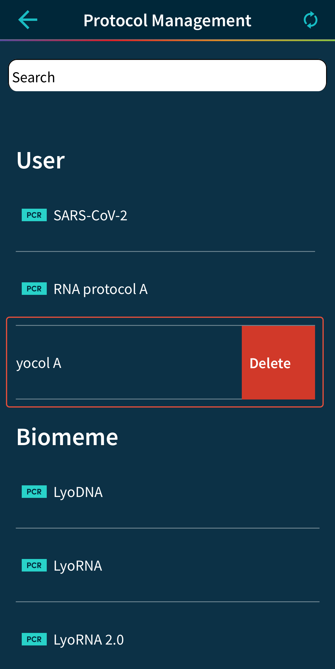 How do I delete a protocol on Biomeme Go mobile app?